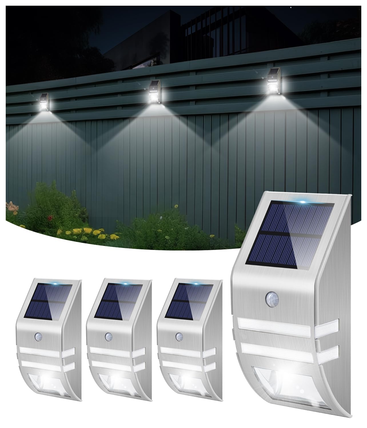 Roopure Solar Fence Light 8 Pack Bundle, Solar Motion Lights Cool White Lighting & Solar Wall Light Outdoor Up and Down Warm Lighting Security and Decorative for Yard Fence Deck Step Wall Porch Garden