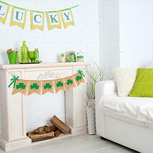 Adurself St. Patrick's Day Burlap Banner Garland Shamrock Clover Rustic Burlap Irish Lucky Day Jute Burlap Mantel Fireplace Wall Hanging for Home Irish Day Celebration St Patricks Day Decorations