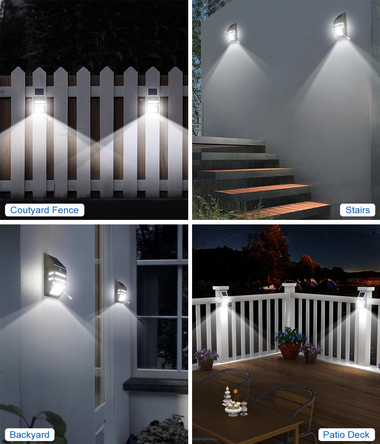 Roopure Solar Fence Light 8 Pack Bundle, Solar Motion Lights Cool White Lighting & Solar Wall Light Outdoor Up and Down Warm Lighting Security and Decorative for Yard Fence Deck Step Wall Porch Garden