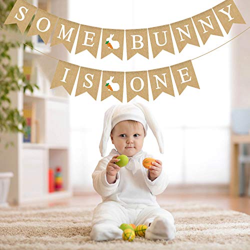 Rainlemon Jute Burlap Some Bunny is One Banner Spring Boy Girl 1st Birthday Party Decoration Supply