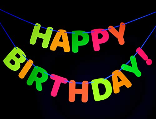 Midnight Glo Neon Happy Birthday Banner Decoration Black Light Reactive UV Glow Birthday Party