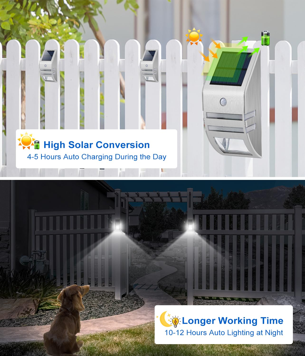 Roopure Solar Fence Light 8 Pack Bundle, Solar Motion Lights Cool White Lighting & Solar Wall Light Outdoor Up and Down Warm Lighting Security and Decorative for Yard Fence Deck Step Wall Porch Garden