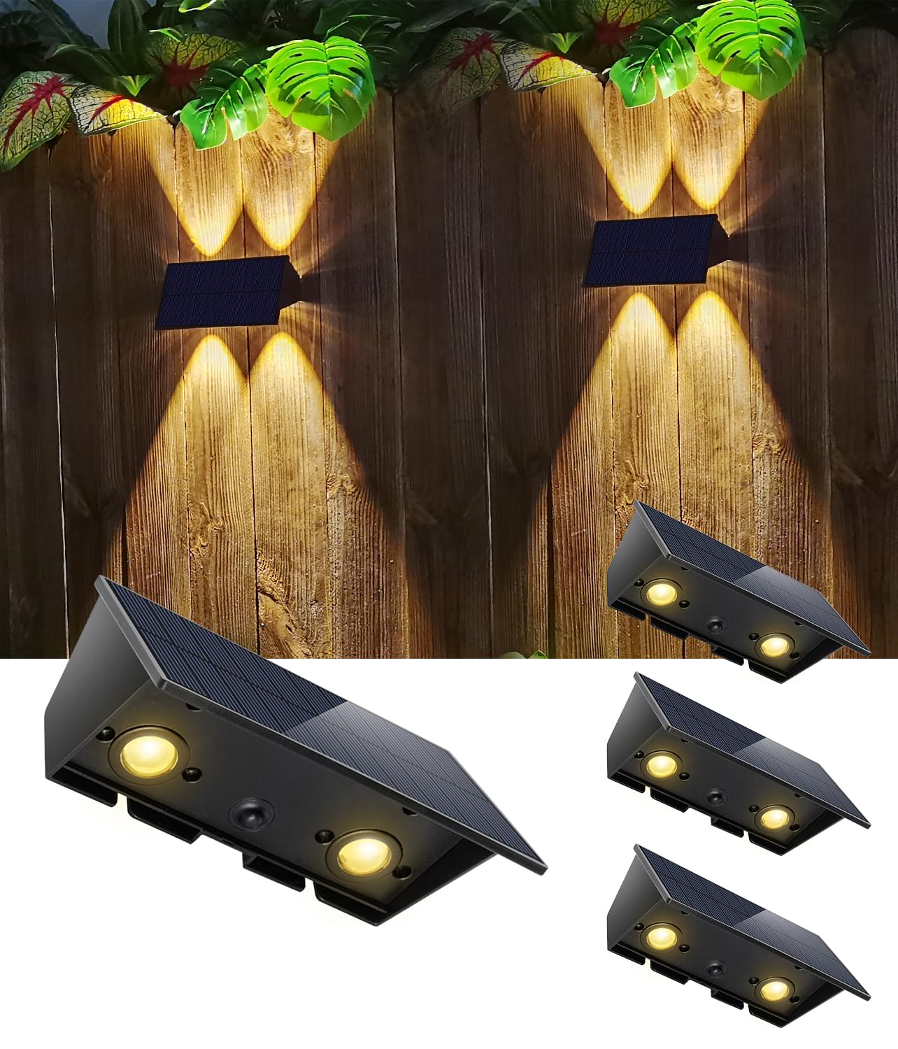 Roopure Solar Fence Light 8 Pack Bundle, Solar Motion Lights Cool White Lighting & Solar Wall Light Outdoor Up and Down Warm Lighting Security and Decorative for Yard Fence Deck Step Wall Porch Garden