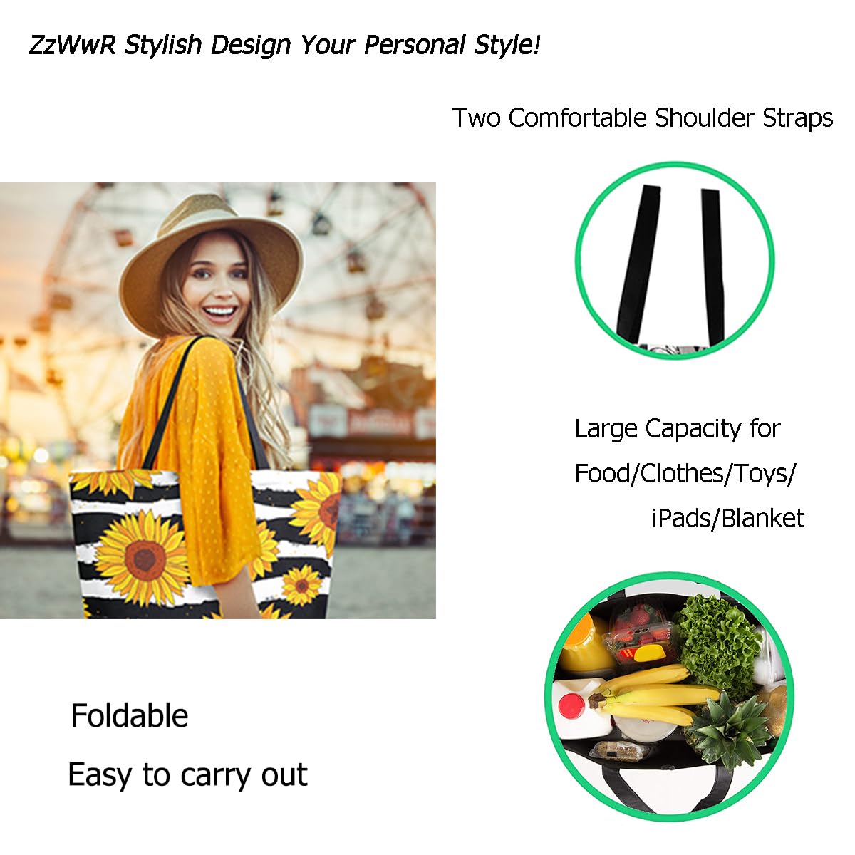 ZzWwR Cute Cartoon Black White Cats Pattern Extra Large Canvas Market Beach Travel Reusable Grocery Shopping Tote Bag Portable Storage HandBags
