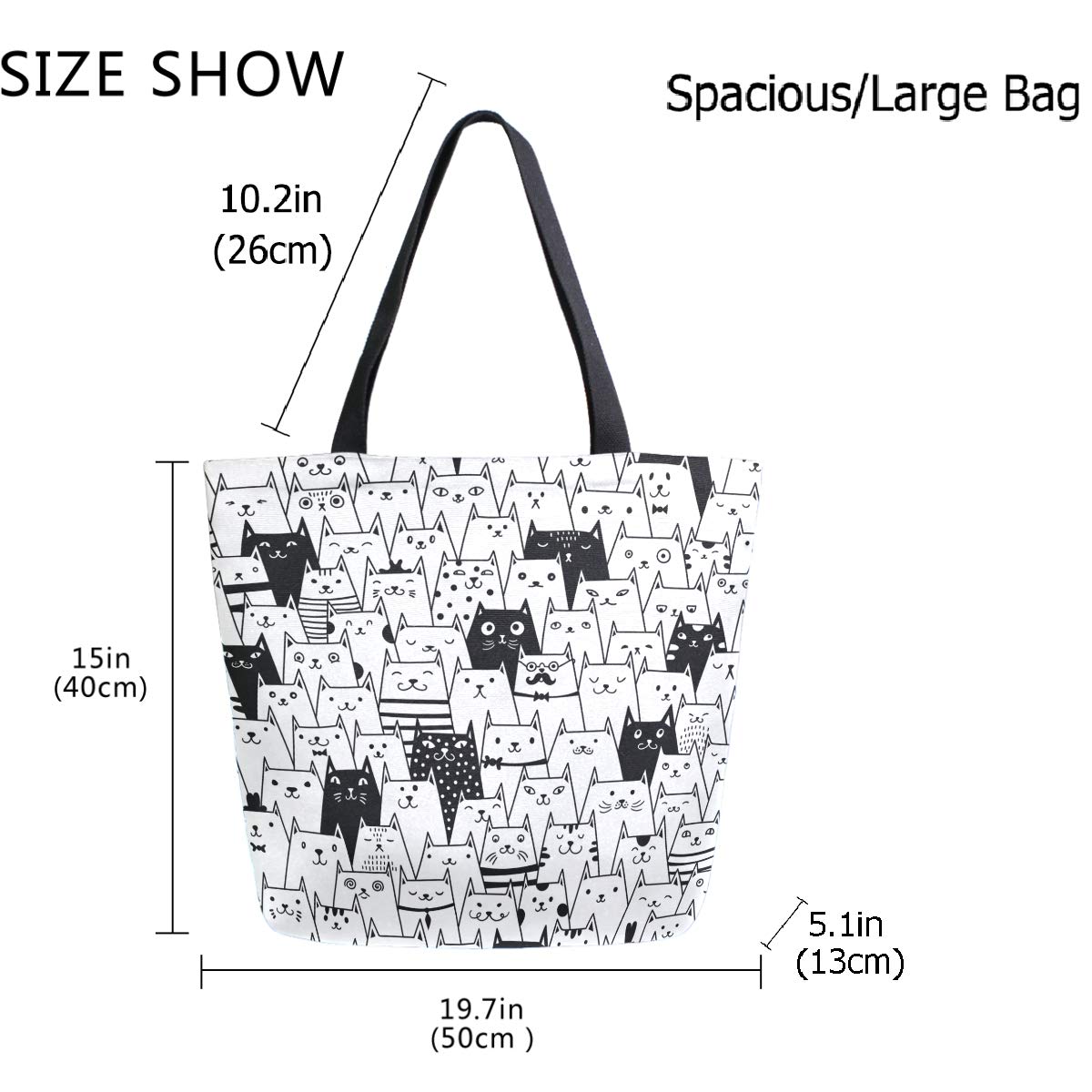 ZzWwR Cute Cartoon Black White Cats Pattern Extra Large Canvas Market Beach Travel Reusable Grocery Shopping Tote Bag Portable Storage HandBags