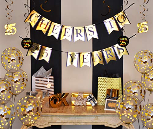 25th Birthday Party Decorations and Anniversary Pack - Cheers to 25 Years Banner, Balloons, Swirls and Confetti Party Supplies