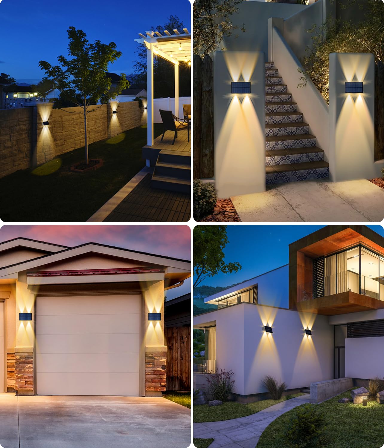 Roopure Solar Fence Light 8 Pack Bundle, Solar Motion Lights Cool White Lighting & Solar Wall Light Outdoor Up and Down Warm Lighting Security and Decorative for Yard Fence Deck Step Wall Porch Garden