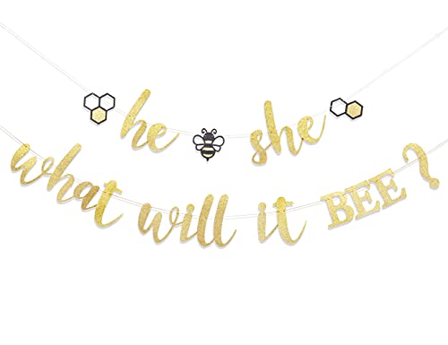 He She What Will It Bee - Golden Glitter Party Banner Decorations, Bee Gender Reveal Banner, Bee Theme Baby Shower, Baby Shower Shower Banner，golden Glitter Banner