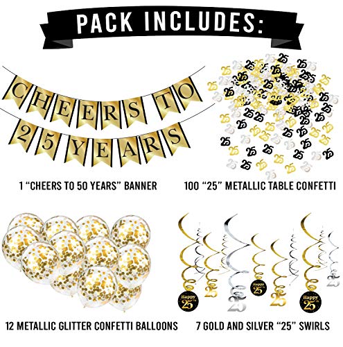 25th Birthday Party Decorations and Anniversary Pack - Cheers to 25 Years Banner, Balloons, Swirls and Confetti Party Supplies