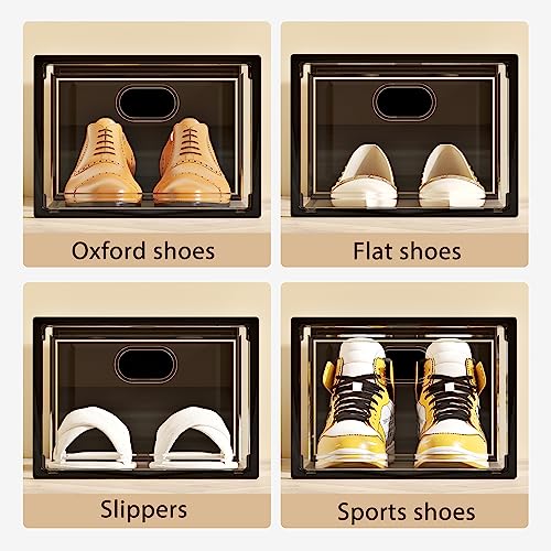 JOISCOPE 12 Pack Shoe Storage Boxes, Fit up to US Size 13, Clear Plastic Stackable Shoe Organizer for Closet, Space Saving Foldable Shoe Containers Bins Sneaker Container, Black