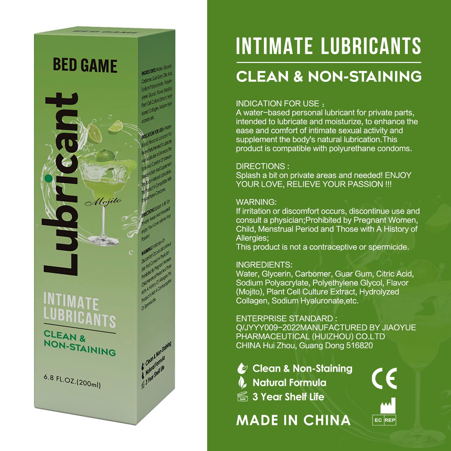 BED GAME No-Alcohol Water-Based Personal Lubricant, No Rinse Mojito Flavored Lube, Intimate Longlasting Non-Sticky Gel for Couples Massage (Mojito)