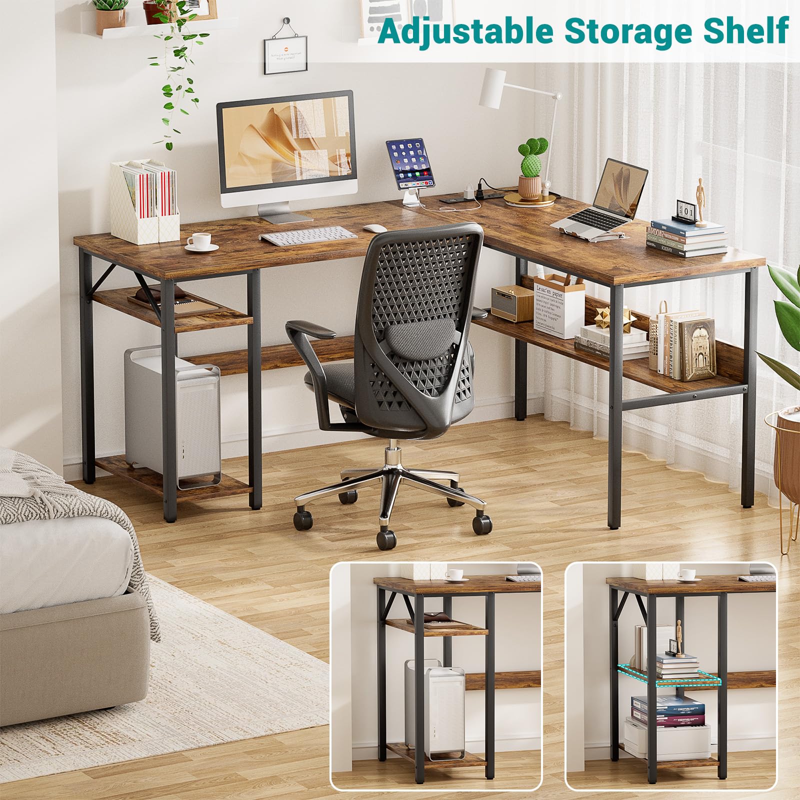 Hyomdeck Reversible L Shaped Computer Desk with Power Outlets and USB Charging Ports, Sturdy Corner Desks with Storage Shelf, Modern Work Gaming Table for Home Office, Easy to Assemble, Rustic Brown