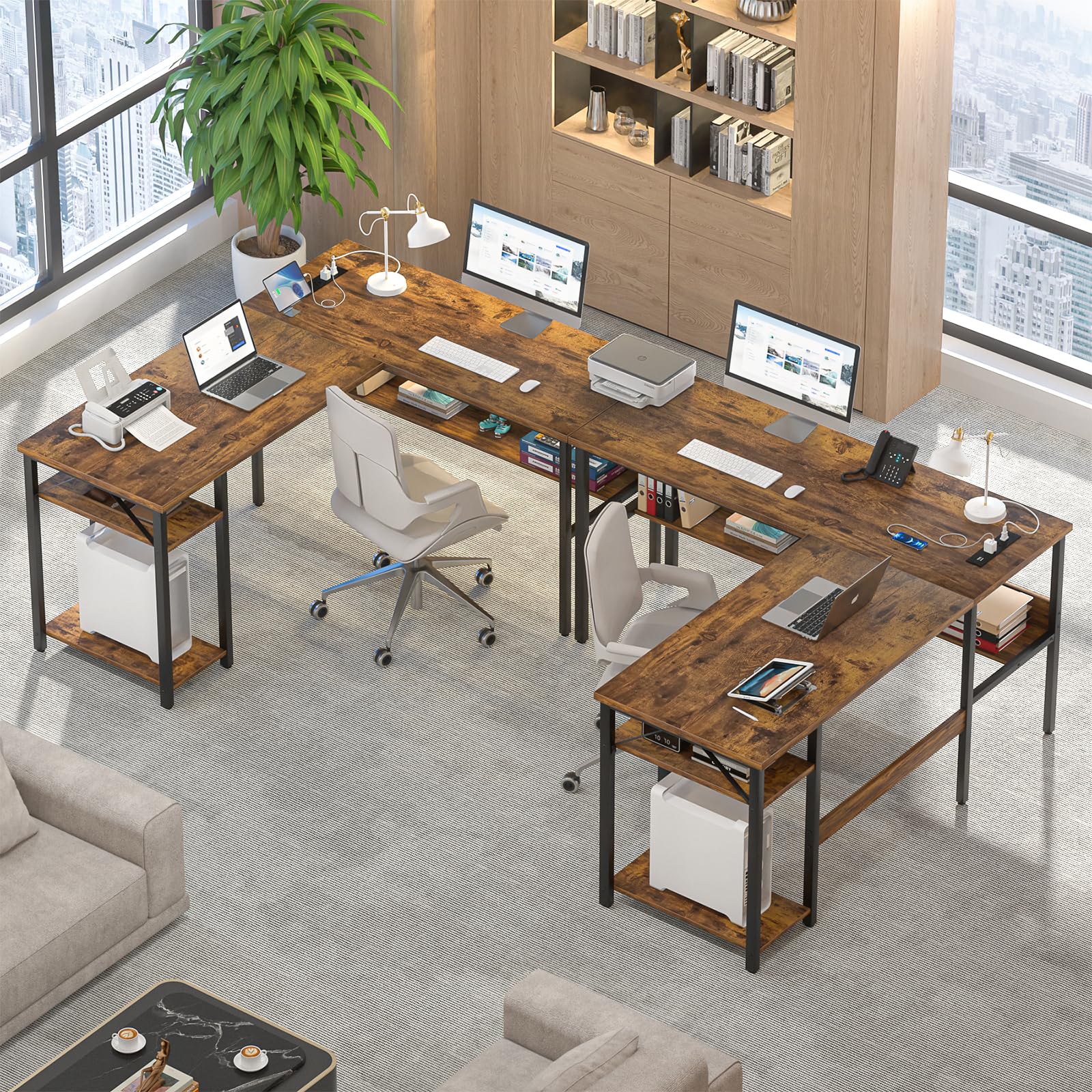 Hyomdeck Reversible L Shaped Computer Desk with Power Outlets and USB Charging Ports, Sturdy Corner Desks with Storage Shelf, Modern Work Gaming Table for Home Office, Easy to Assemble, Rustic Brown