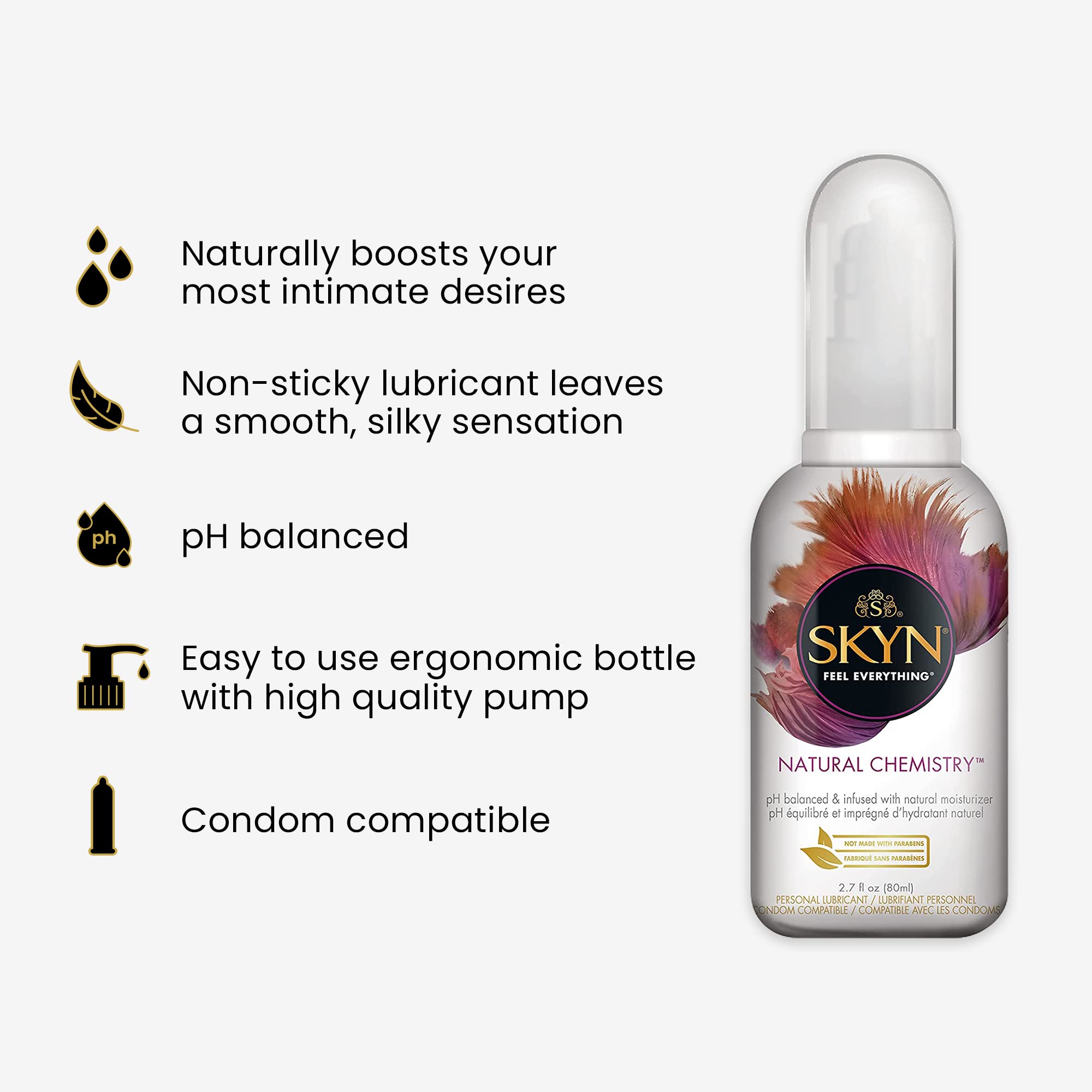 SKYN Natural Chemistry Lubricant – 2.7 fl. oz – pH-Balanced, Water-Based Lube Infused with Natural Moisturizer
