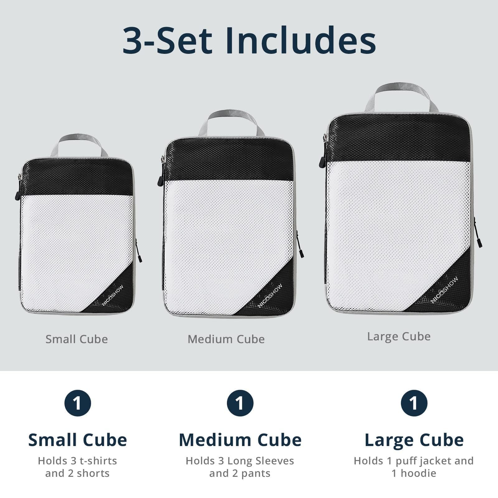 NICOSHOW 3 Set Compression Packing Cubes, Packing Cubes for Travel Compression, Compressible Packing Cubes Travel Essentials, Packing Organizers for Carry-on Luggage Suitcase, Black