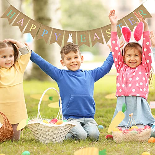 Doumeny Happy Easter Burlap Banner Easter Bunny Rabbit Bunting Garland Colorful Happy Easter Banner Bunting with White Rabbit Spring Easter Party Banner for Mantle Fireplace Wall Door Party Supplies