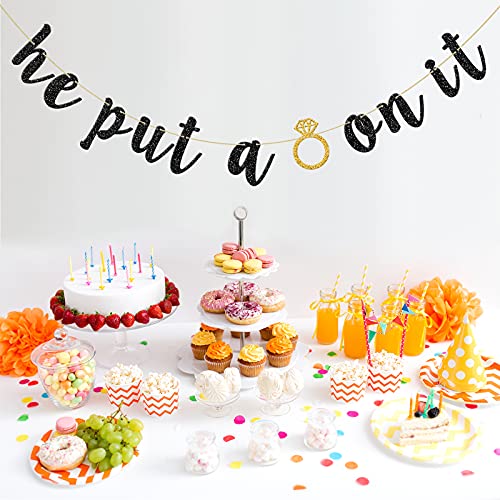 He Put A Ring On It Banner, Black Glitter Engagement Party Decoration Sign for Wedding, Bachelorette, Bridal Showers Party Supplies