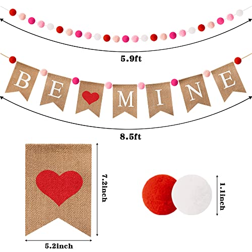 WATINC 2PCS Valentine's Day Burlap Banners Pom Pom Garland Set, Be Mine Burlap Banner with Felt Ball Decoration, Valentine Wedding Anniversary Party Bunting Garland Lover Romantic Hanging Decors