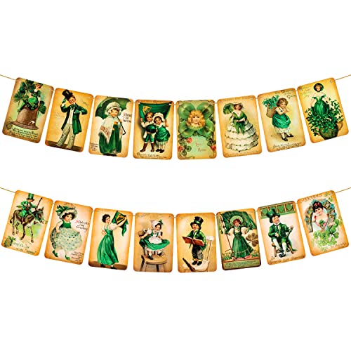 2Pcs Vintage St. Patrick's Day Decorations Banner, Irish Old Style Green Shamrock Clover Traditional St. Patrick 's Day Garland Irish Party Supplies, 16pcs Lucky Garland for Home Fireplace Door Decor