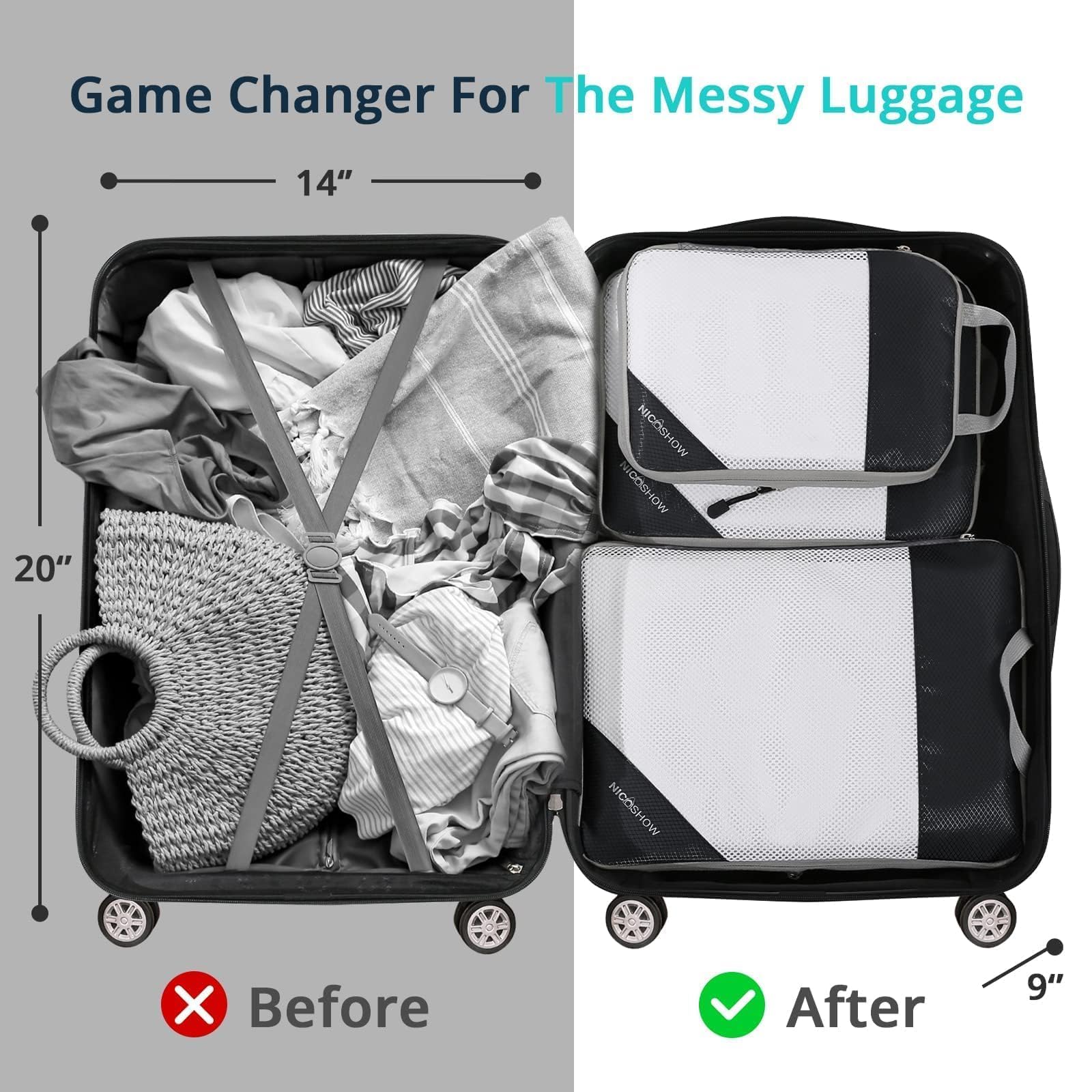 NICOSHOW 3 Set Compression Packing Cubes, Packing Cubes for Travel Compression, Compressible Packing Cubes Travel Essentials, Packing Organizers for Carry-on Luggage Suitcase, Black
