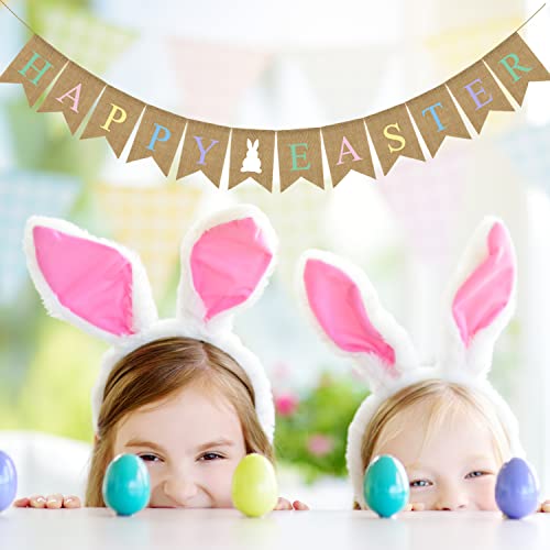 Doumeny Happy Easter Burlap Banner Easter Bunny Rabbit Bunting Garland Colorful Happy Easter Banner Bunting with White Rabbit Spring Easter Party Banner for Mantle Fireplace Wall Door Party Supplies