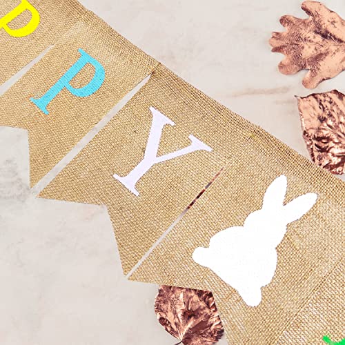 Doumeny Happy Easter Burlap Banner Easter Bunny Rabbit Bunting Garland Colorful Happy Easter Banner Bunting with White Rabbit Spring Easter Party Banner for Mantle Fireplace Wall Door Party Supplies