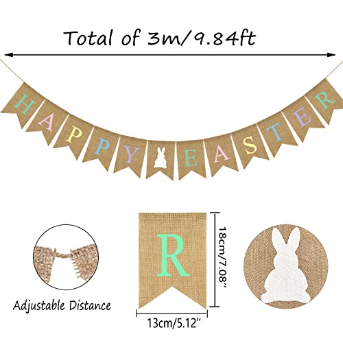Doumeny Happy Easter Burlap Banner Easter Bunny Rabbit Bunting Garland Colorful Happy Easter Banner Bunting with White Rabbit Spring Easter Party Banner for Mantle Fireplace Wall Door Party Supplies