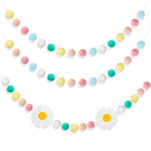 3 Pieces Spring Pompom Ball Garlands Daisy Garland White Flowers Banner Spring Decor Garlands for Holiday Birthday Party Carnival Decorations Photo Prop Nursery Decor Farmhouse Spring Garland