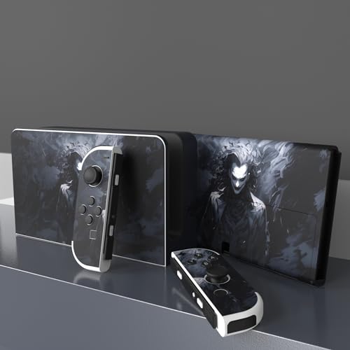 PlayVital Full Set Protective Stickers for Nintendo Switch OLED Model, Customized Vinyl Decal Skins for Switch OLED Console & Joycon & Dock & Grip - Dark Clown