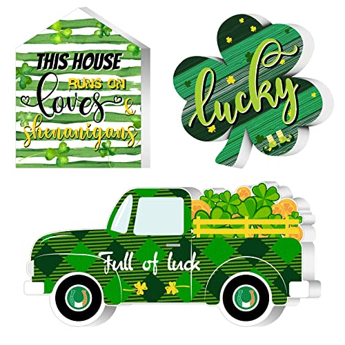 3 Pcs St. Patrick's Day Table Wooden Signs St. Patrick's Table Decoration Lucky Sign Shamrocks Green Truck Irish Themed Table Centerpiece for St. Patrick's Day Party Home Table Decor (Novelty Style)
