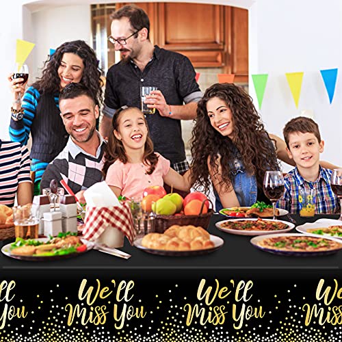 GuoZhiXin 3 Pack We Will Miss You Black and Gold Plastic Tablecloths, Disposable Party Table Cloths, Dot Confetti Covers for Retirement Awaits Bye Office Work Graduation , 54inch x 108inch