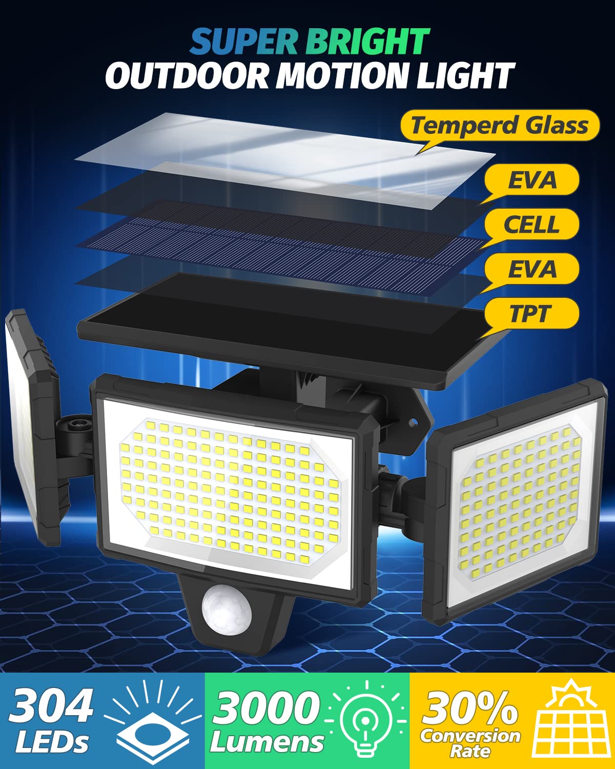 Large Solar Panel Flood Lights Outdoor, 304 Led Solar Lights Waterproof IP67, 3 Foldable Heads Motion Sensor Light with Remote, Security Lights for Front Door Garage Driveway (Always on/Motion)