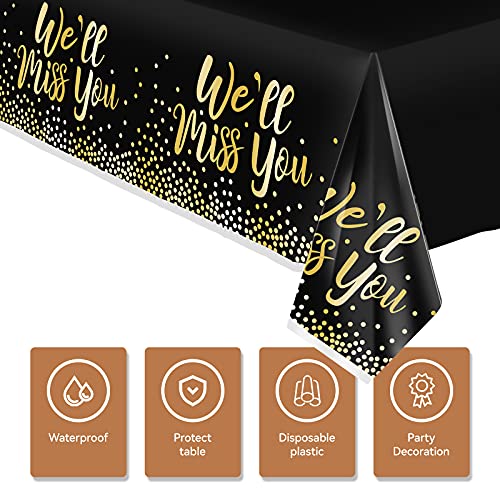 GuoZhiXin 3 Pack We Will Miss You Black and Gold Plastic Tablecloths, Disposable Party Table Cloths, Dot Confetti Covers for Retirement Awaits Bye Office Work Graduation , 54inch x 108inch