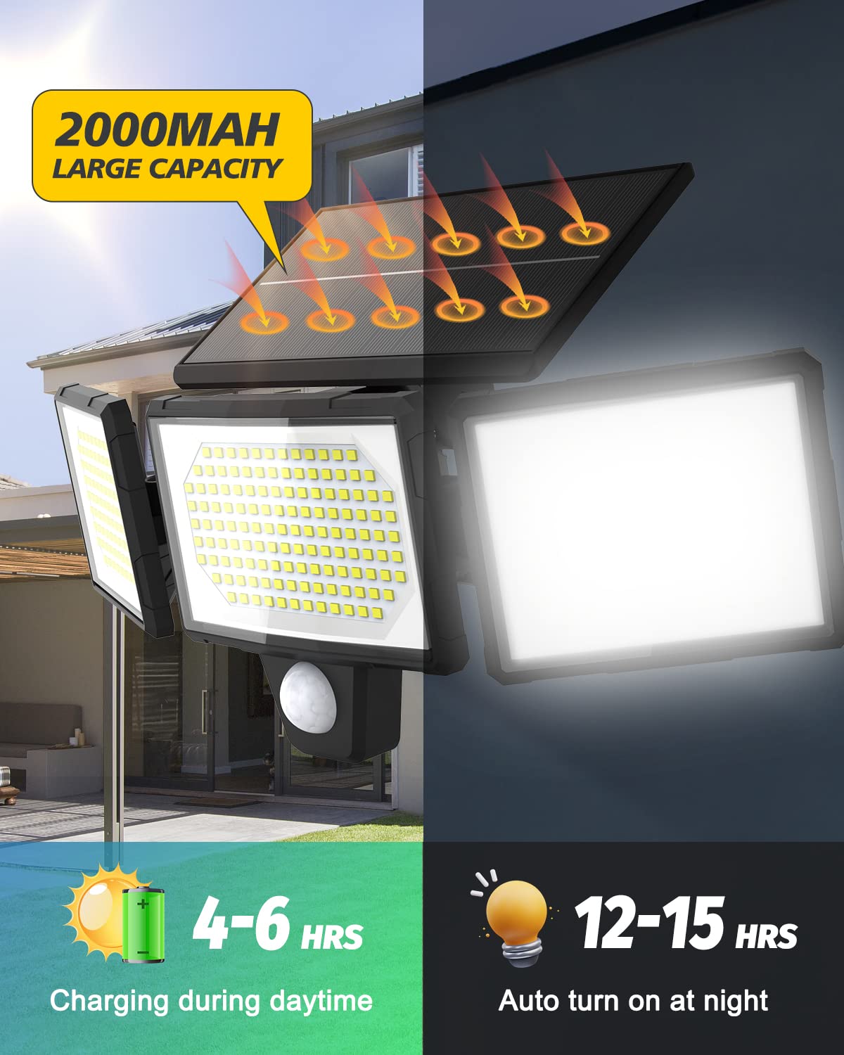 Large Solar Panel Flood Lights Outdoor, 304 Led Solar Lights Waterproof IP67, 3 Foldable Heads Motion Sensor Light with Remote, Security Lights for Front Door Garage Driveway (Always on/Motion)