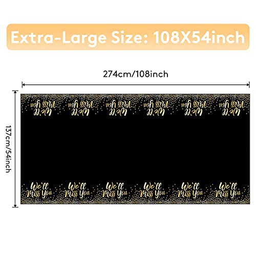 GuoZhiXin 3 Pack We Will Miss You Black and Gold Plastic Tablecloths, Disposable Party Table Cloths, Dot Confetti Covers for Retirement Awaits Bye Office Work Graduation , 54inch x 108inch