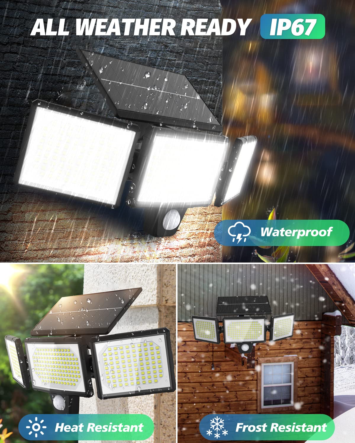 Large Solar Panel Flood Lights Outdoor, 304 Led Solar Lights Waterproof IP67, 3 Foldable Heads Motion Sensor Light with Remote, Security Lights for Front Door Garage Driveway (Always on/Motion)