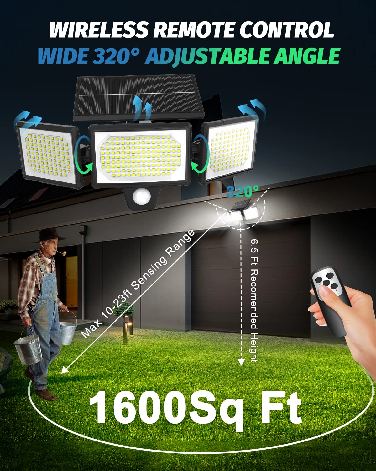 Large Solar Panel Flood Lights Outdoor, 304 Led Solar Lights Waterproof IP67, 3 Foldable Heads Motion Sensor Light with Remote, Security Lights for Front Door Garage Driveway (Always on/Motion)