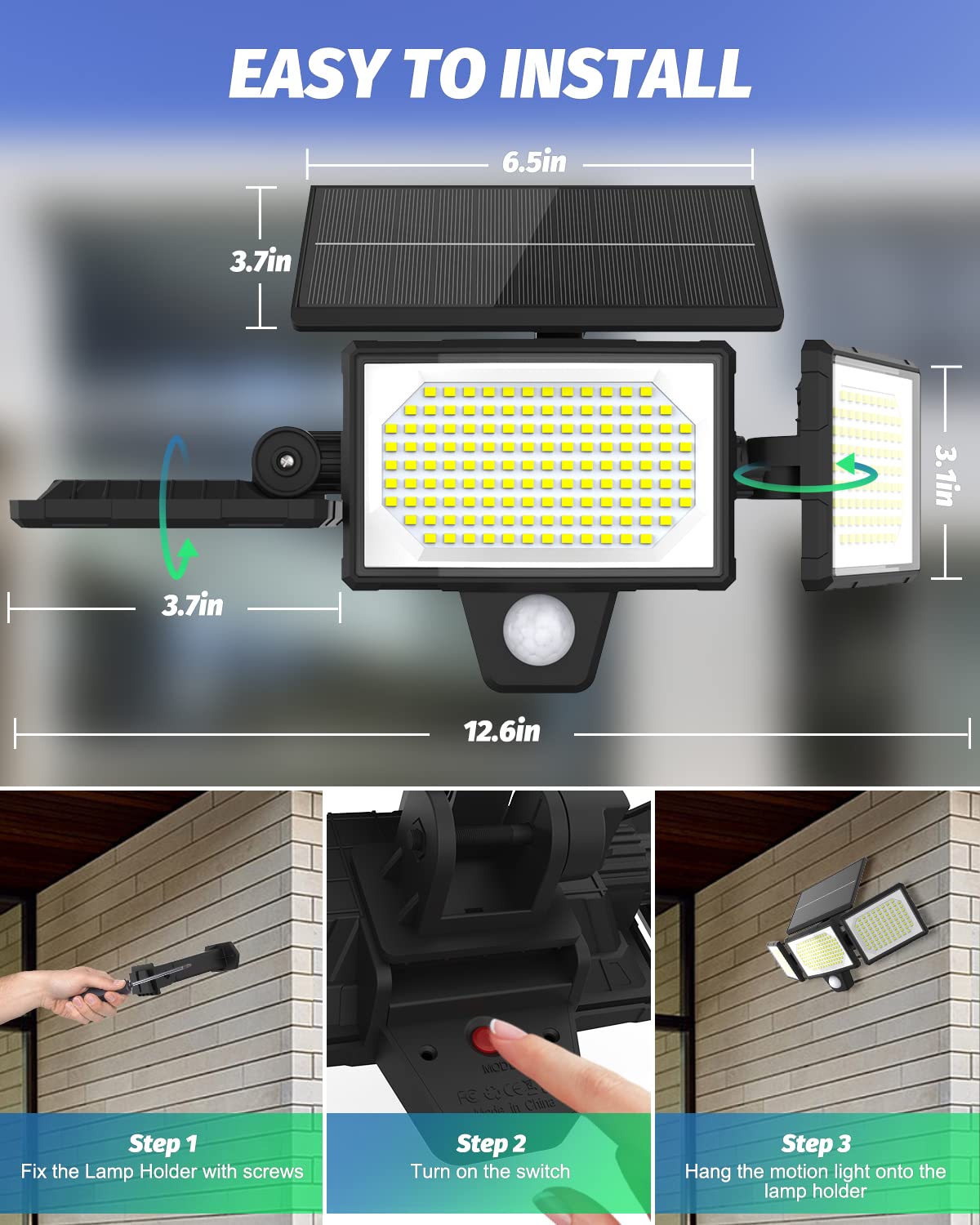 Large Solar Panel Flood Lights Outdoor, 304 Led Solar Lights Waterproof IP67, 3 Foldable Heads Motion Sensor Light with Remote, Security Lights for Front Door Garage Driveway (Always on/Motion)