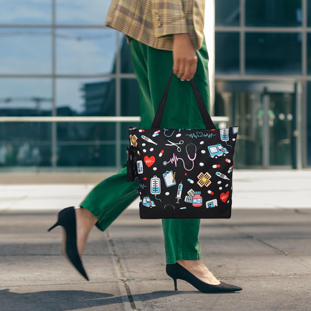 NGIL Medium Top Zipper Closure Canvas Tote Bag with Attached Matching Coin Purse For Moms and Nurses (Nurse Print-Black)