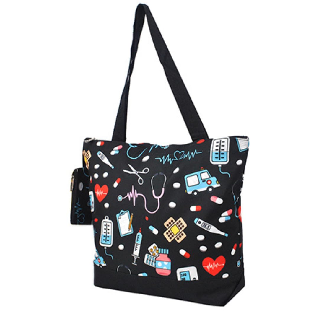 NGIL Medium Top Zipper Closure Canvas Tote Bag with Attached Matching Coin Purse For Moms and Nurses (Nurse Print-Black)