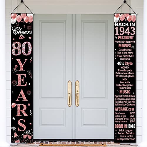 80th Birthday Door Banner Decorations for Women, Rose Gold Cheers to 80 Years Back in 1943 Banner Porch Sign Party Supplies, Happy Eighty Birthday Door Sign Decor for Indoor Outdoor