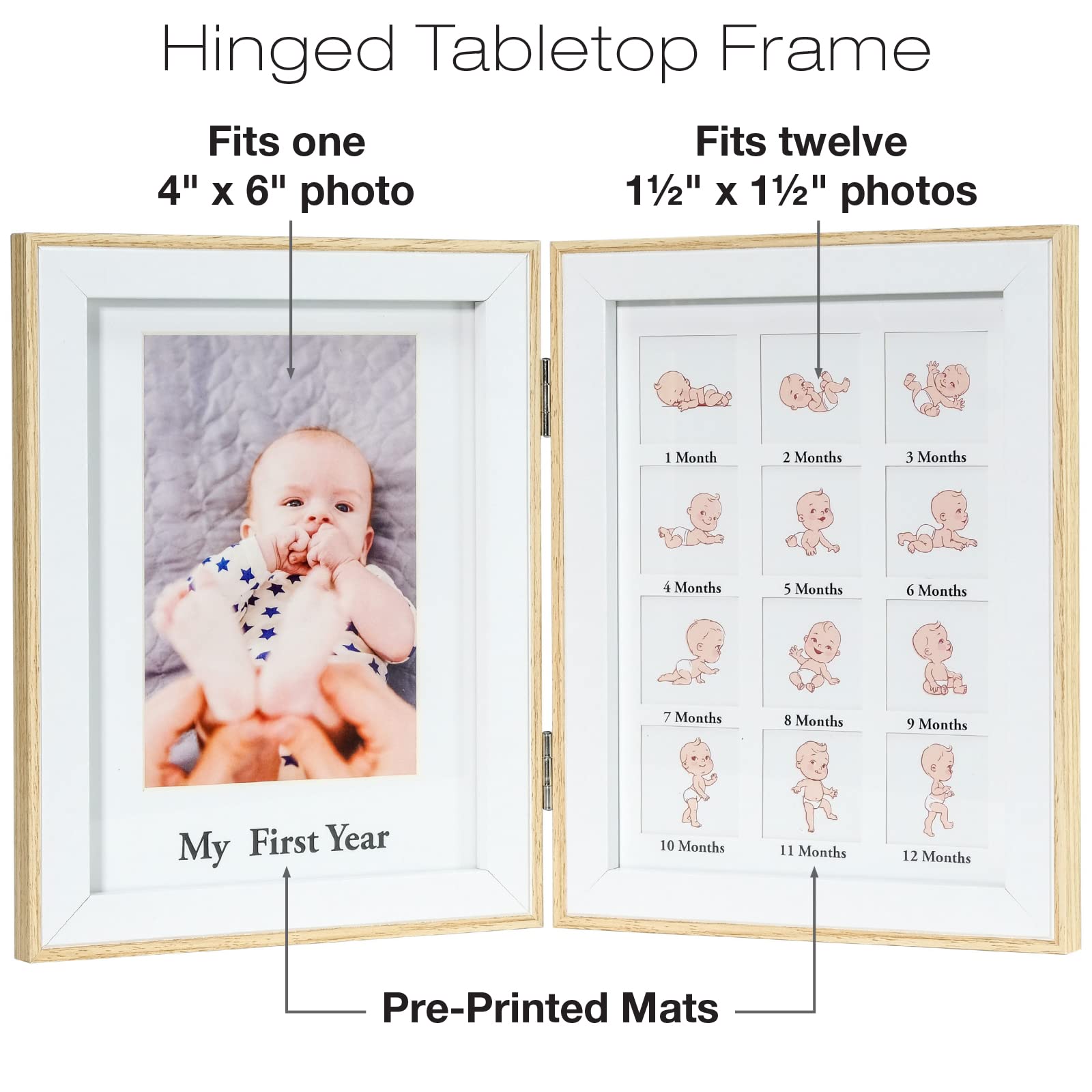 EXCELLO GLOBAL PRODUCTS Baby’s First Year Folding Picture Frame, Natural Wood Finish, Holds 1 4x6 Baby Photo, 12 Monthly Photos