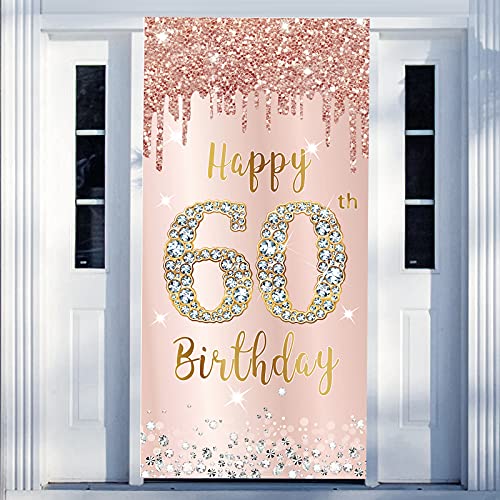 60th Birthday Door Banner Decorations for Women, Pink Rose Gold Happy 60th Birthday Door Cover Backdrop Party Supplies, Large Sixty Year Old Birthday Poster Sign Decor