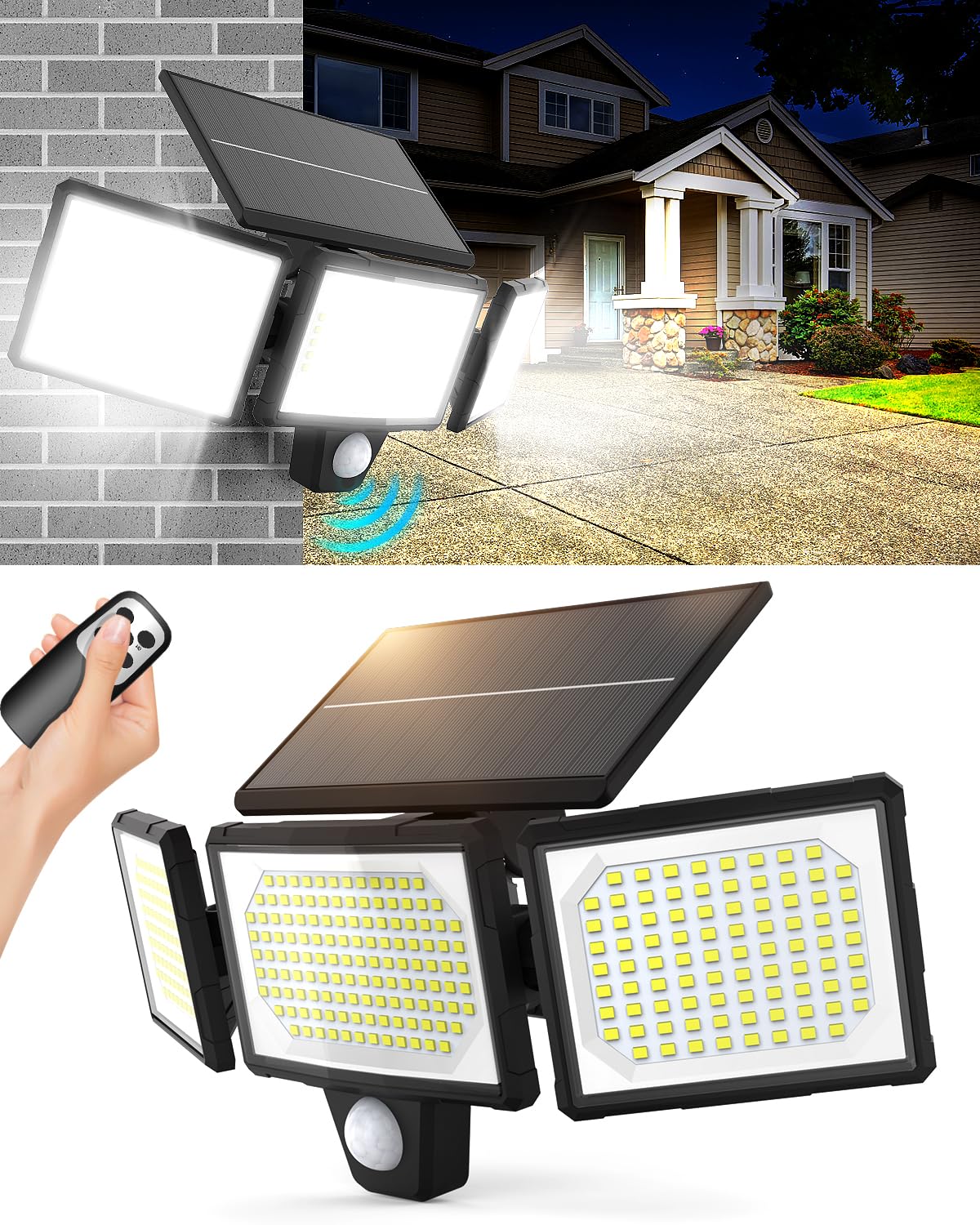 Large Solar Panel Flood Lights Outdoor, 304 Led Solar Lights Waterproof IP67, 3 Foldable Heads Motion Sensor Light with Remote, Security Lights for Front Door Garage Driveway (Always on/Motion)
