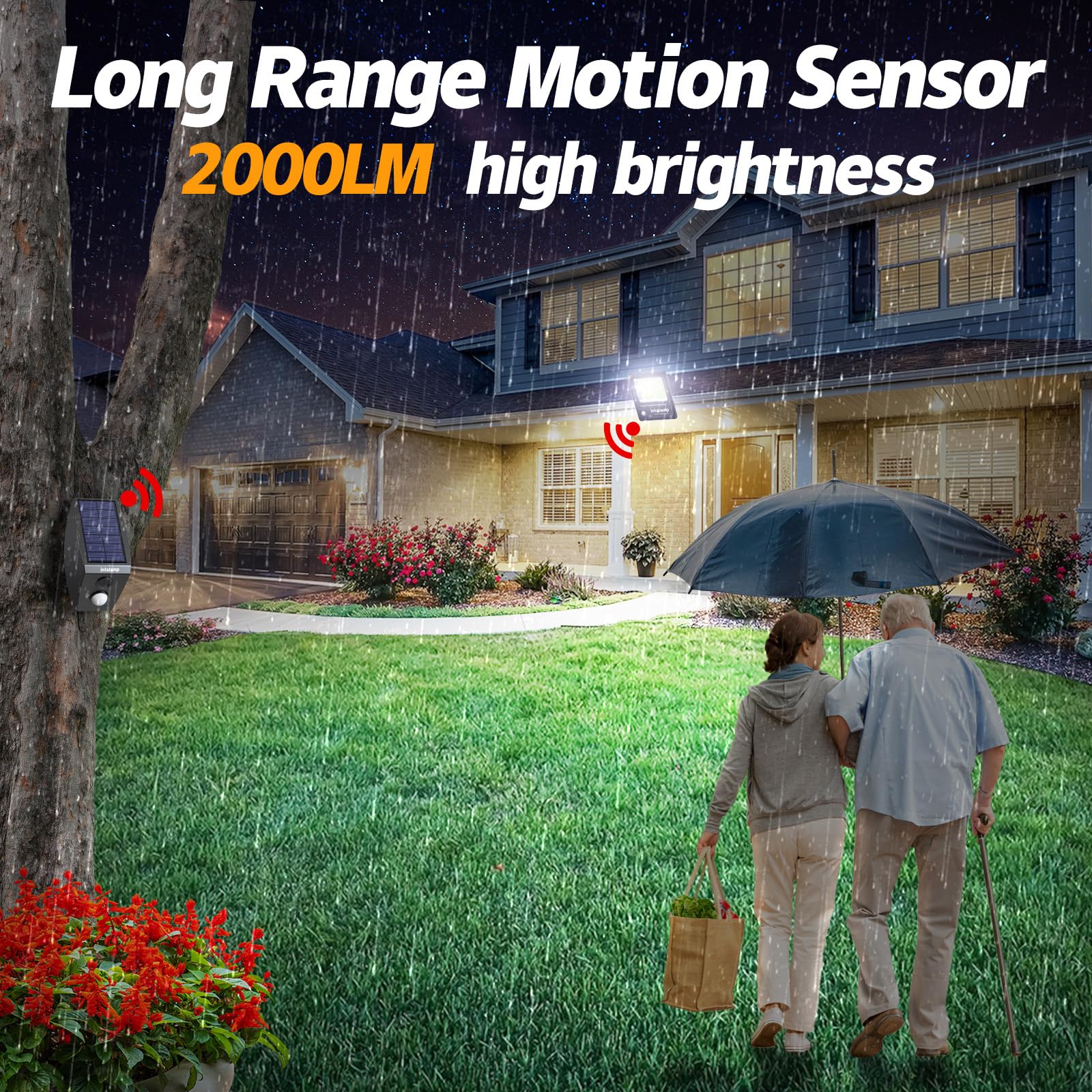 intelamp Solar Flood Lights Outdoor Motion Sensor,12000mAh 2000LM Solar Powered Motion Sensor Flood Light with Remote, Dusk to Dawn Solar Lights for Outside with 16.4Ft Cable IP65 Waterproof
