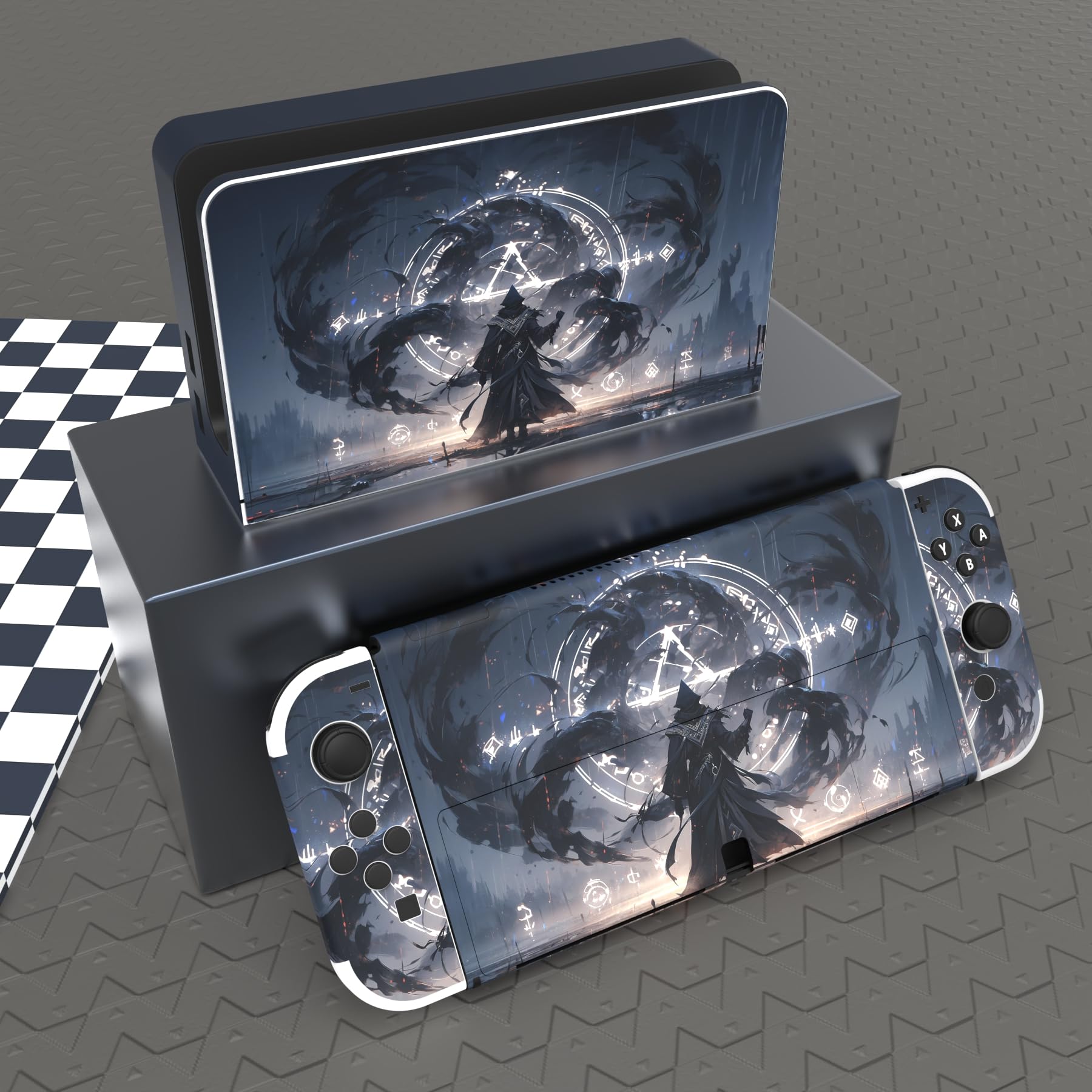 PlayVital Full Set Protective Stickers for Nintendo Switch OLED Model, Customized Vinyl Decal Skins for Switch OLED Console & Joycon & Dock & Grip - Runecaster