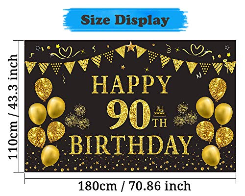 Trgowaul 90th Birthday Decoration Set: Includes 90th Black Gold Birthday Backdrop, Gold Glittery Cheers to 90 Years Banner, Pom Poms, 6Pcs Sparkling 90 Hanging Swirl and Balloons