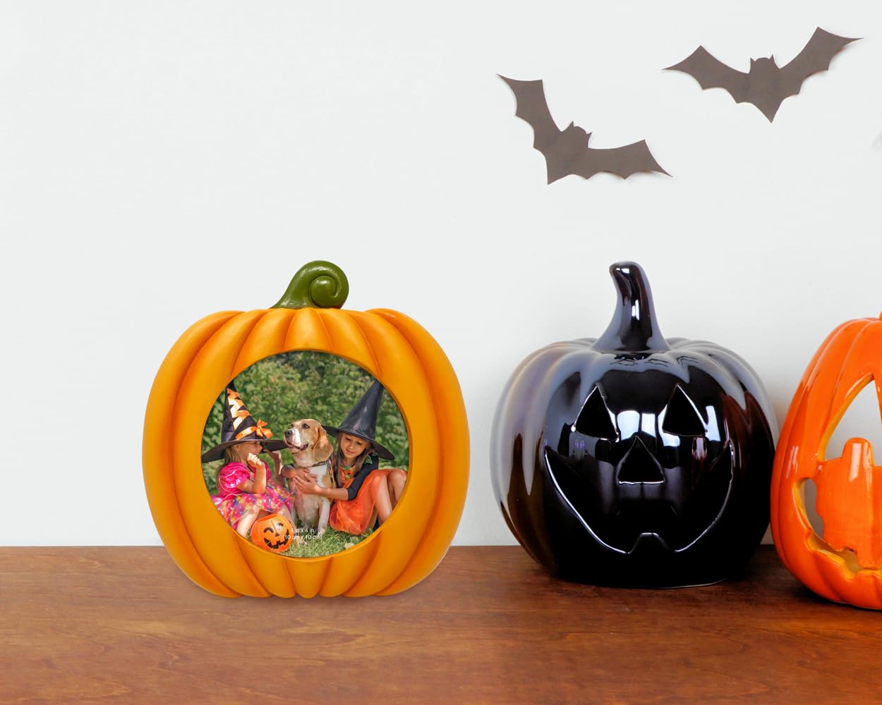 Isaac Jacobs 4x4 Pumpkin-Shaped Picture Frame For Halloween Or Fall Décor, Photo Tabletop & Wall Display Hanging Display (4x4, Orange)