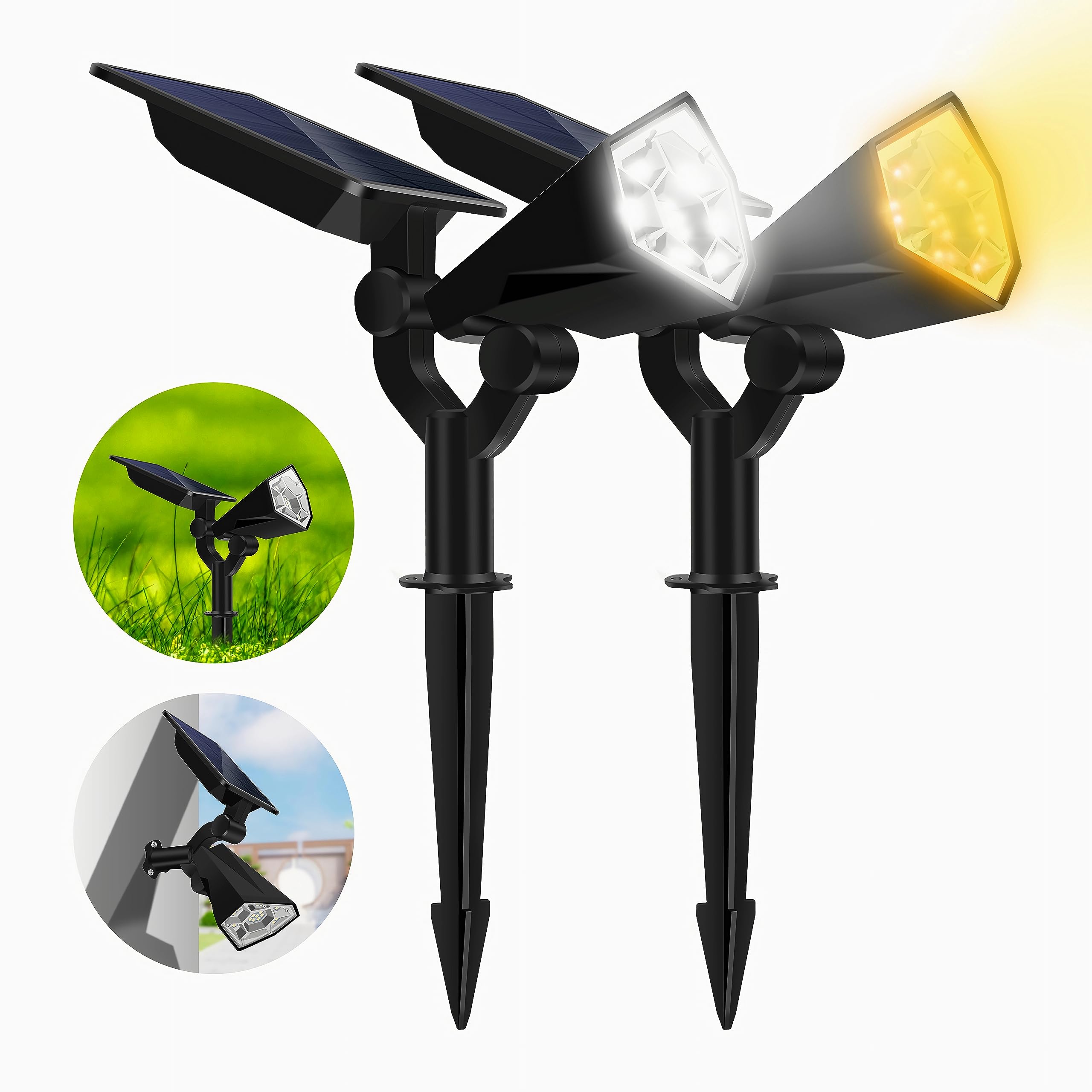Outdoor Solar Lights - Solar Spotlight - Solar Lighting for Garden, Patio and Lawn - Wall or Pole Mount - Easy Installation - Waterproof - Adjustable, [4] Light Modes - Pack 2
