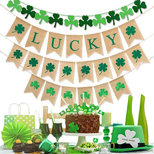 4 Pieces Burlap Lucky Banner Glitter Shamrock Banner Rustic Four Leaf Clover Banner Felt Shamrock Hanging Garland for St. Patrick's Day Decoration